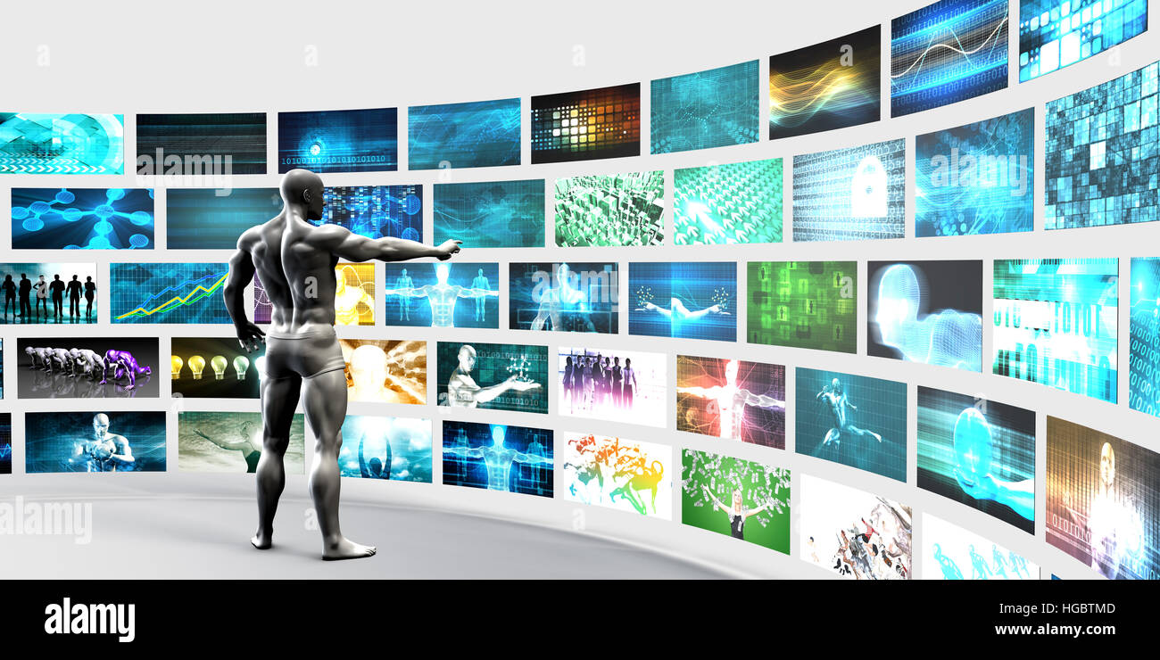 Man Pointing at a Video Wall Filled with Screens Stock Photo - Alamy