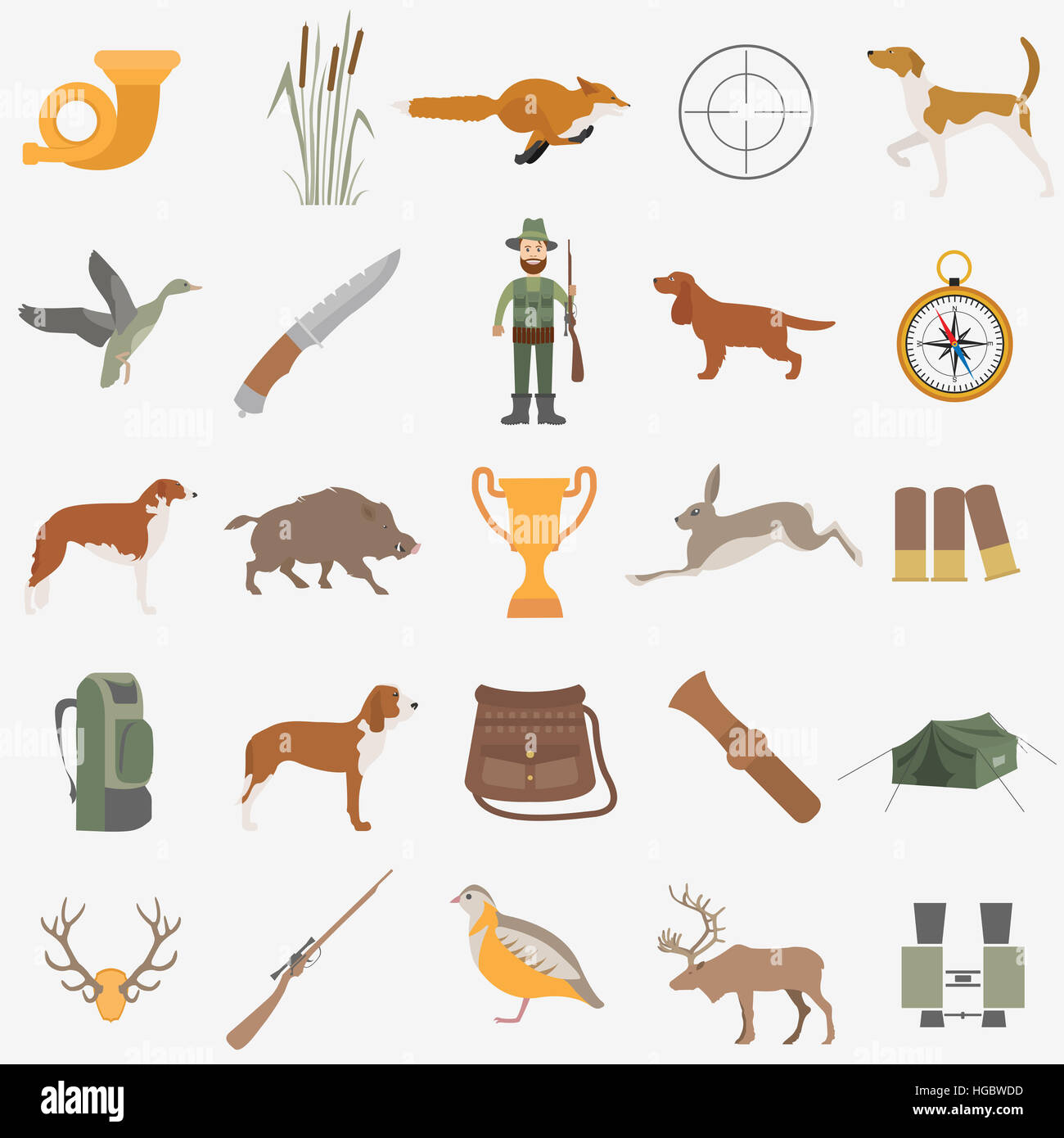 Hunting icon set. Dog hunting, equipment. Flat style. Vector ...