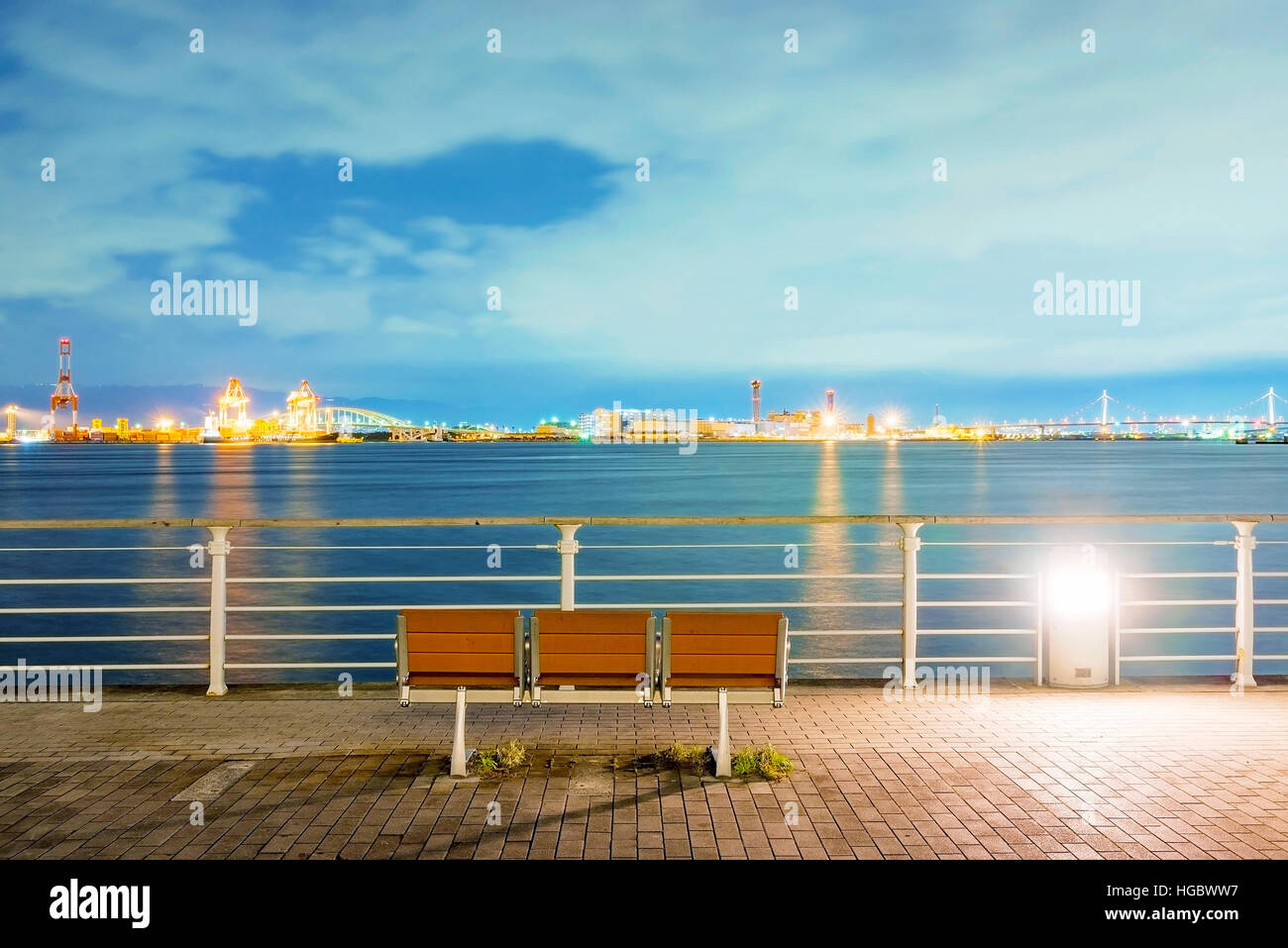 Bench in Osaka seaside park at night time Stock Photo - Alamy
