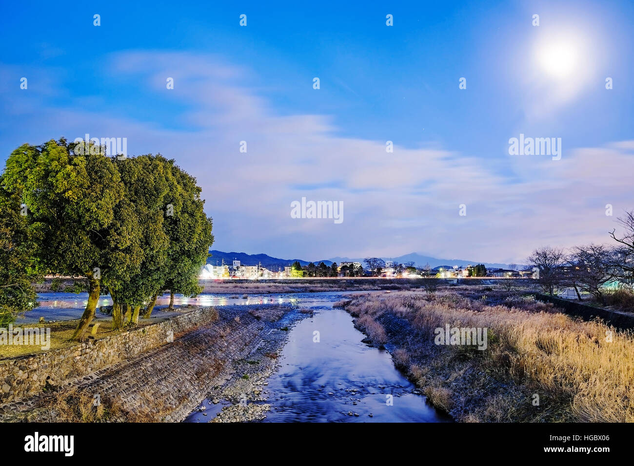 Stream at night in Kyoto Japan with moonlight and scenic landscape ...