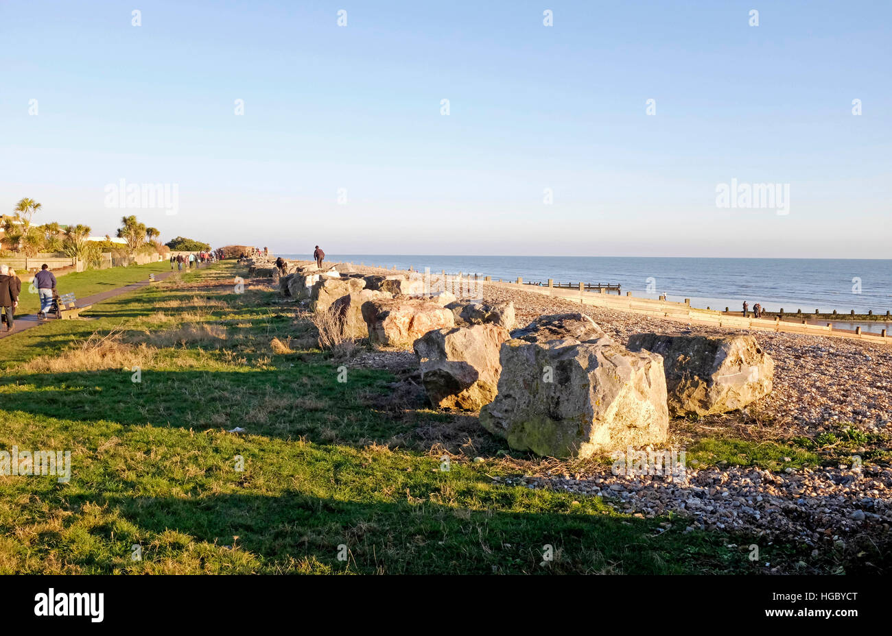 Large concrete sea defence boulders on Ferring beach next to Pattersons ...