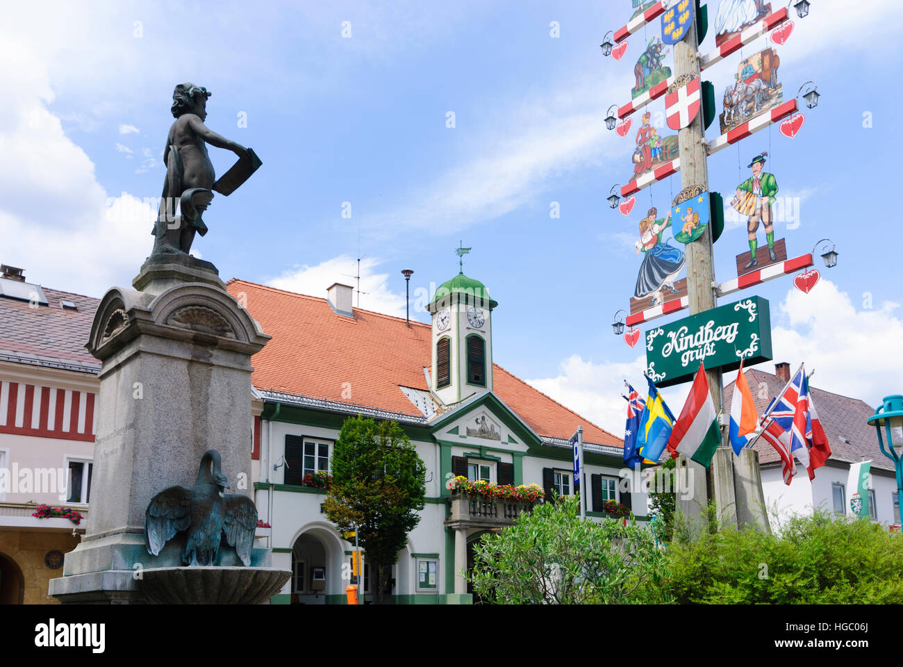 Kindberg: City hall, maypole and monument for the „Styrian song father ...