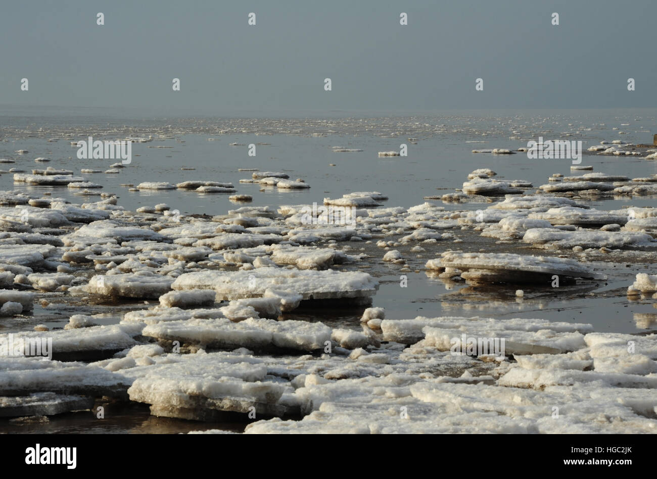 Seawater calm expanse sea ice blocks mid distance extending background ...