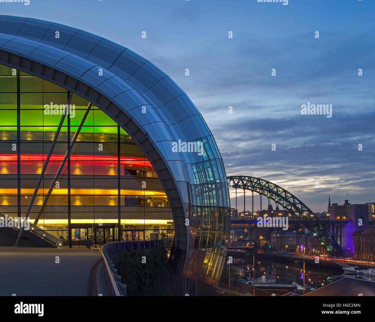 A dusk view of the Sage Gateshead on Gateshead Quays looking towards ...