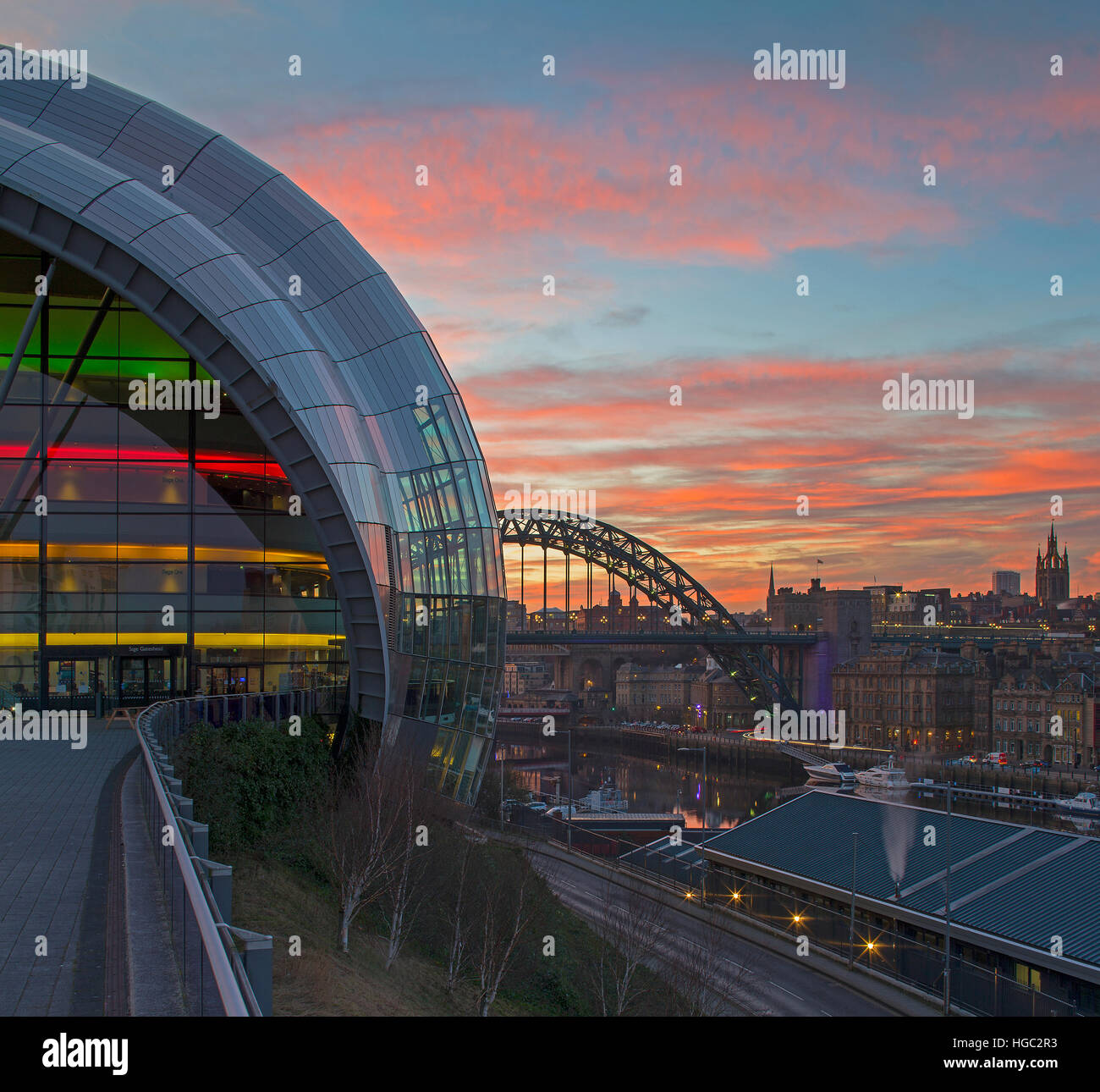 A dusk view of the Sage Gateshead on Gateshead Quays looking towards ...