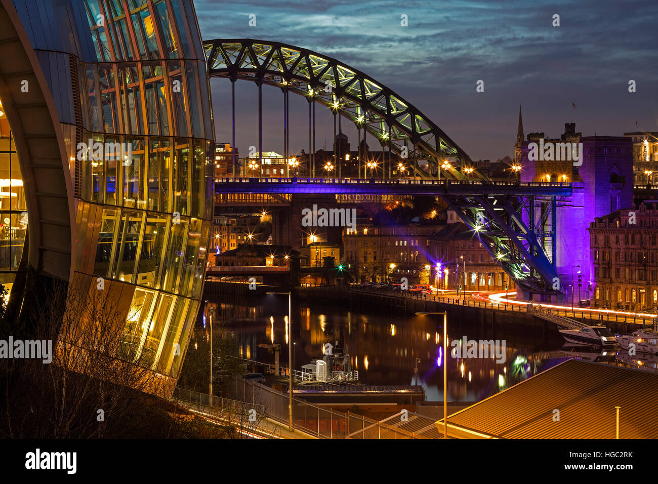 A dusk view of the Sage Gateshead on Gateshead Quays looking towards ...