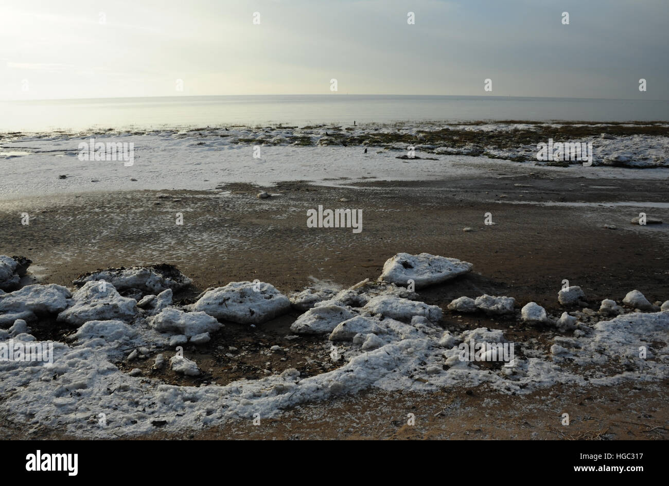 Seawater calm expanse sea ice blocks mid distance extending background ...