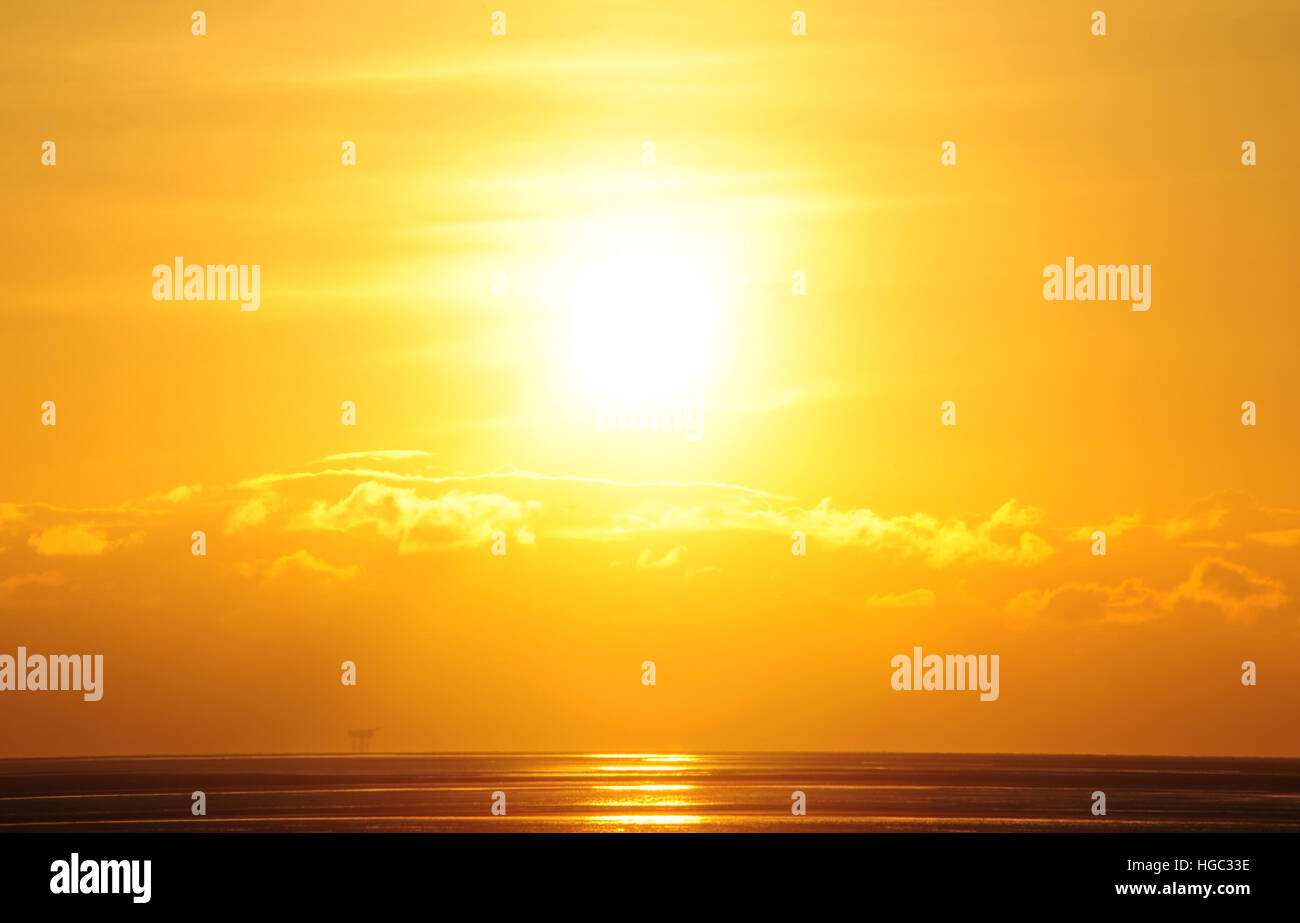 Beach view, looking south across River Ribble Estuary, white sun ...