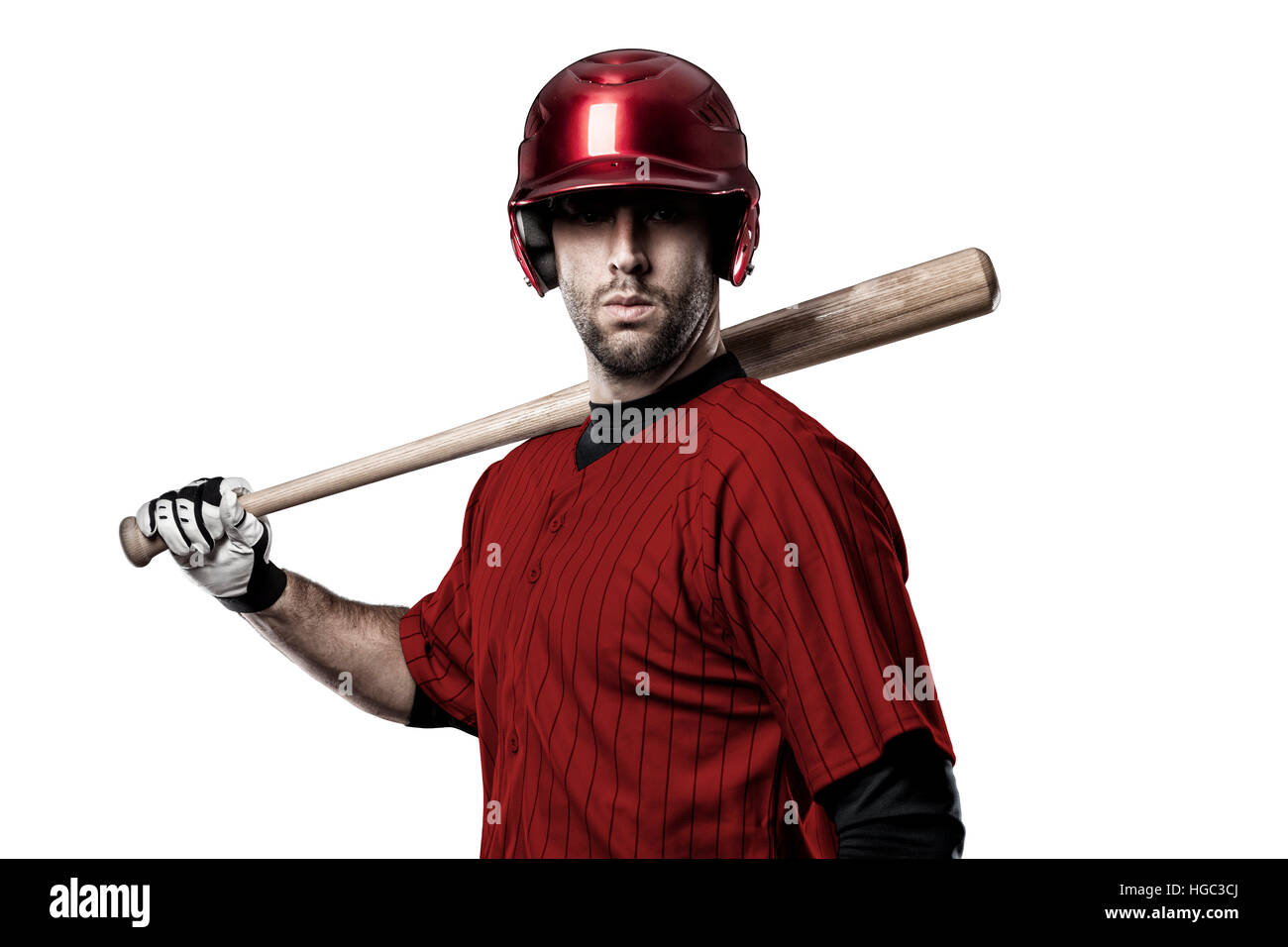 Baseball Player with a red uniform on a white background Stock Photo ...