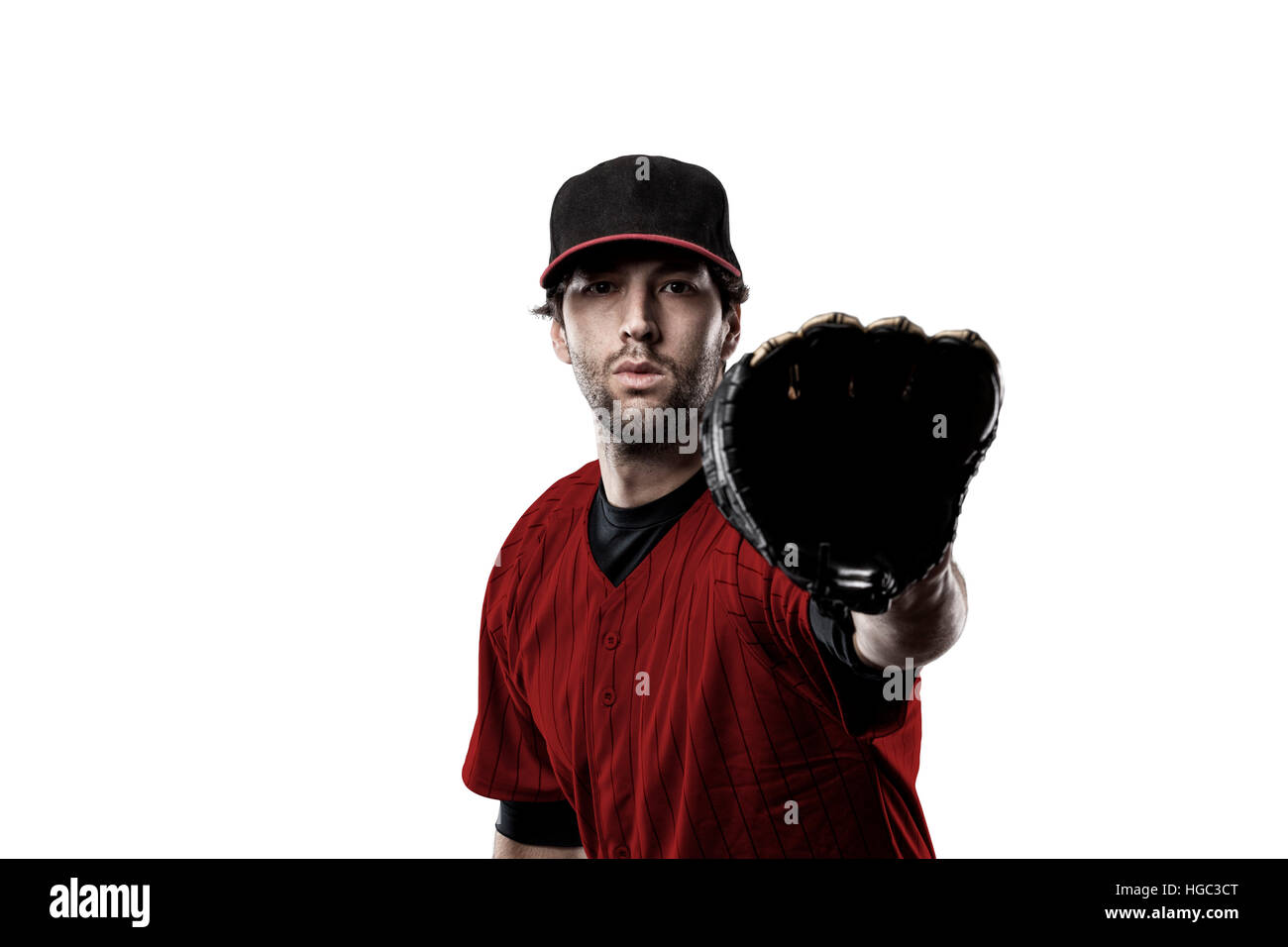 Baseball Player with a red uniform on a white background Stock Photo ...