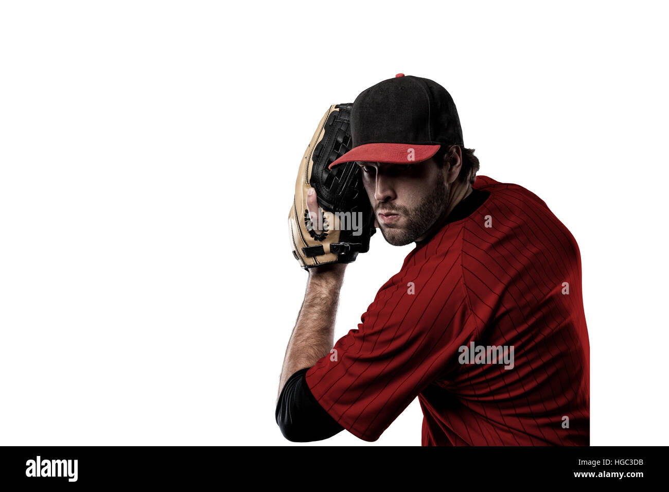 Pitcher Baseball Player with a red uniform on a white background Stock ...