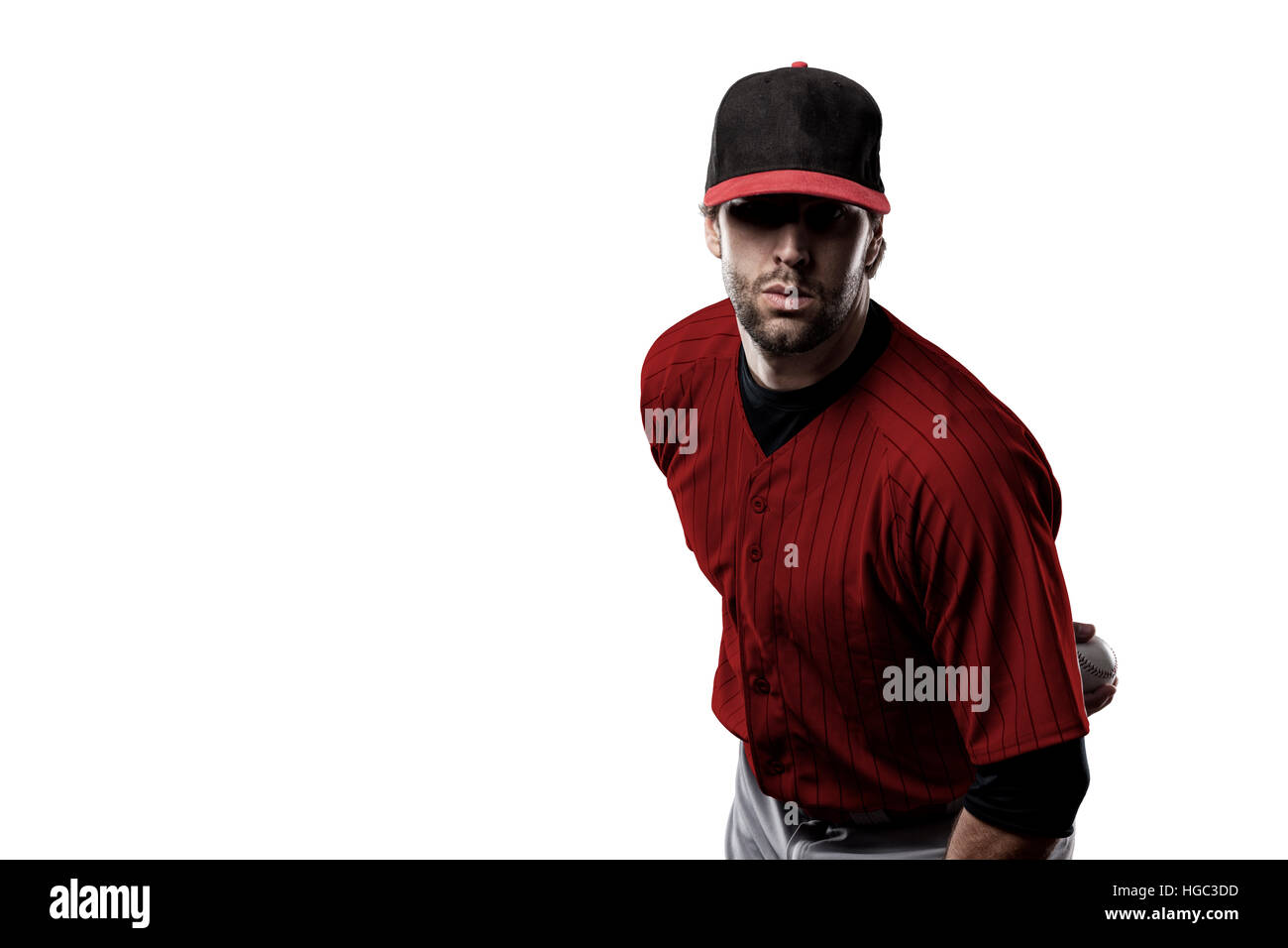 Pitcher Baseball Player with a red uniform on a white background Stock ...