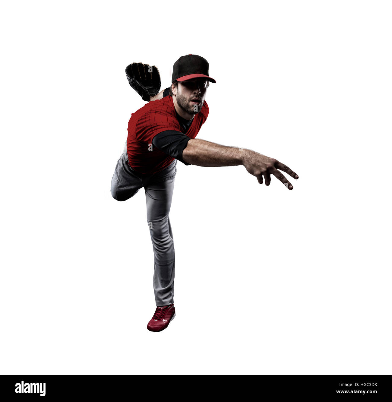 Pitcher Baseball Player with a red uniform on a white background Stock ...