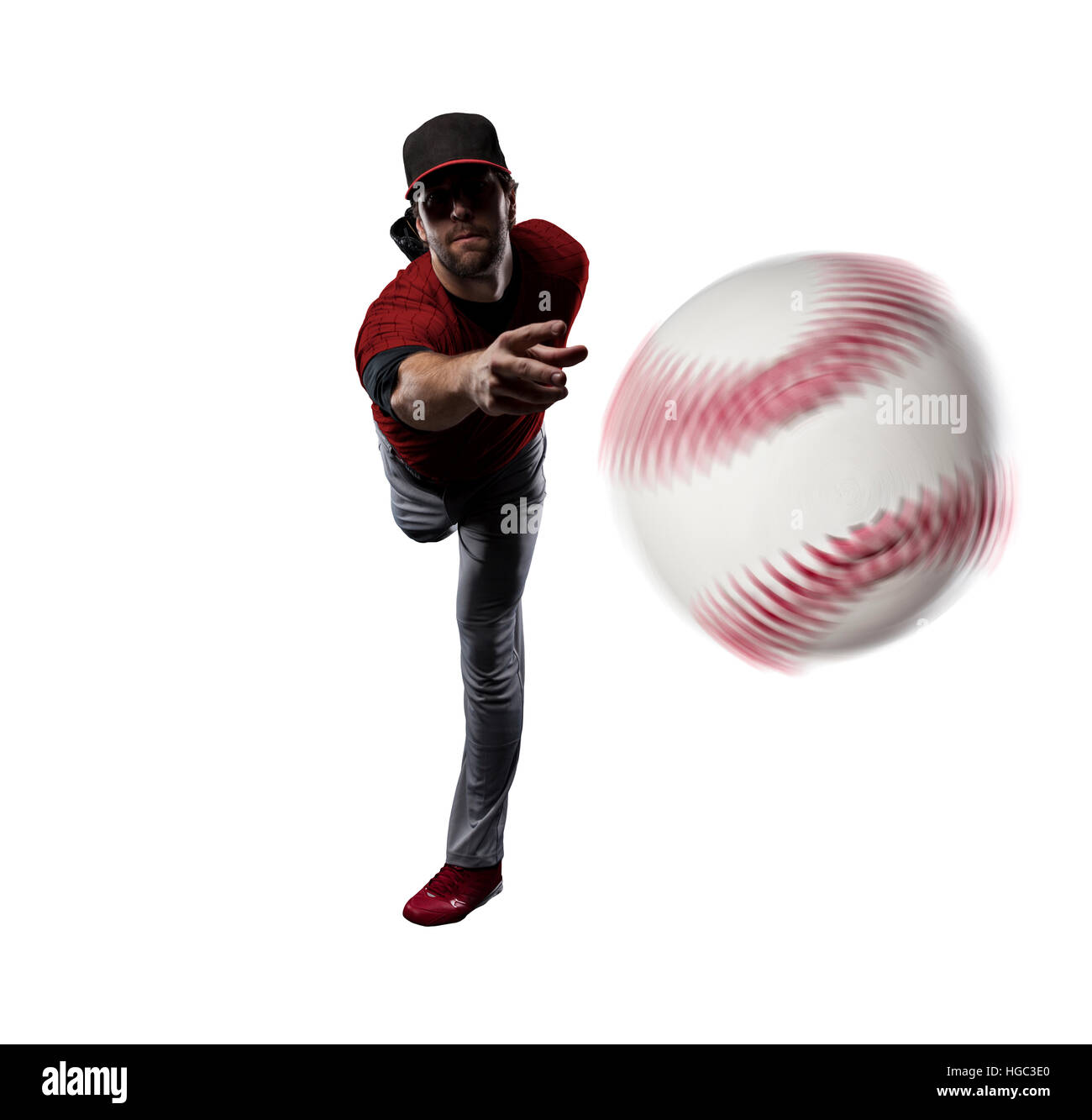 Pitcher Baseball Player with a red uniform on a white background Stock ...