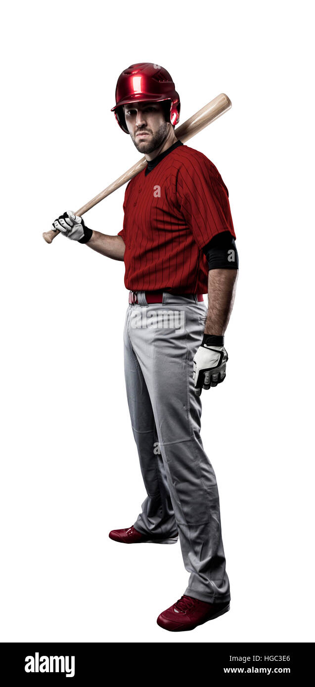 Baseball Player with a red uniform on white background Stock Photo - Alamy
