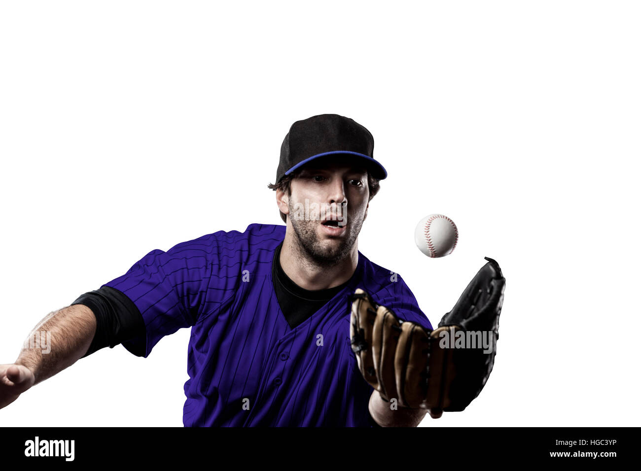 Baseball Player with a blue uniform on a white background Stock Photo ...