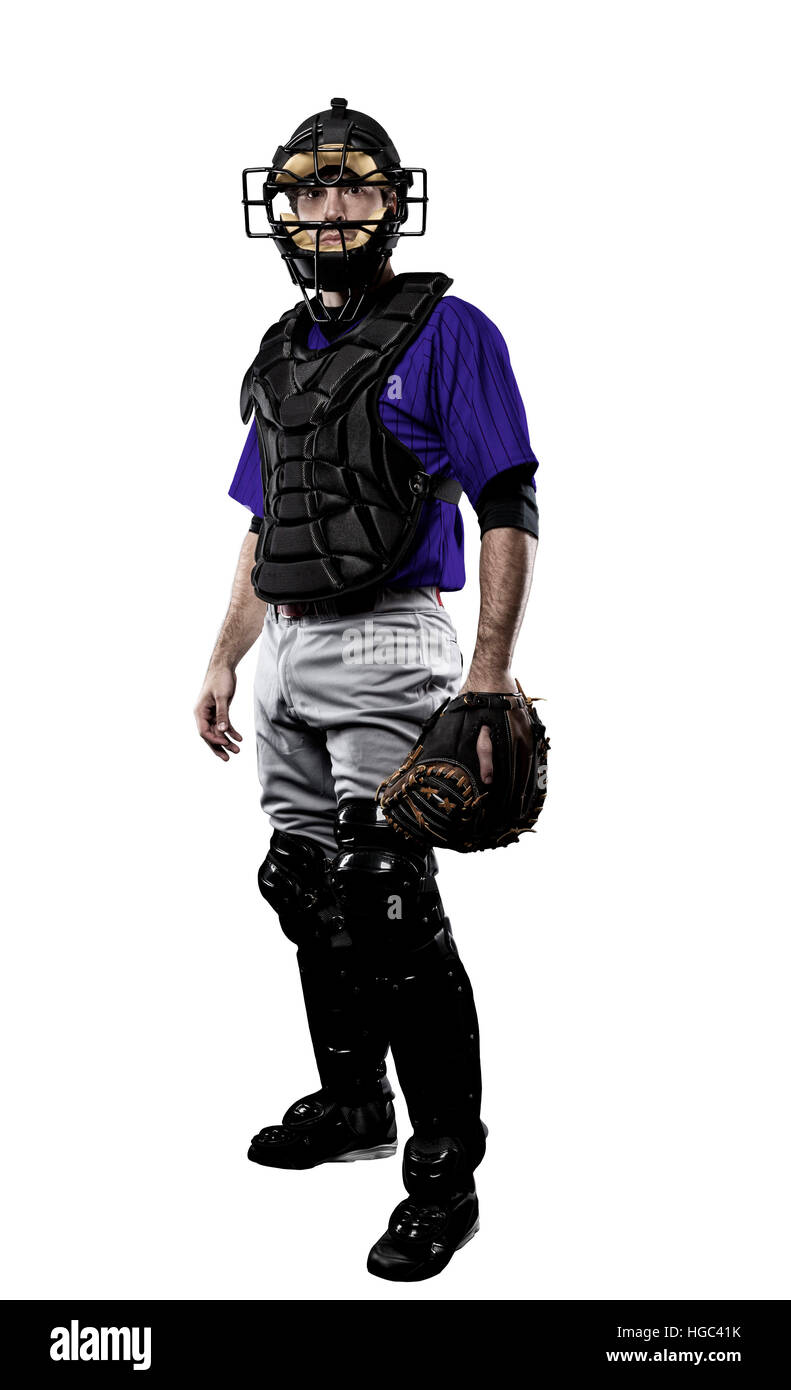 Catcher Baseball Player with a blue uniform on a black background ...