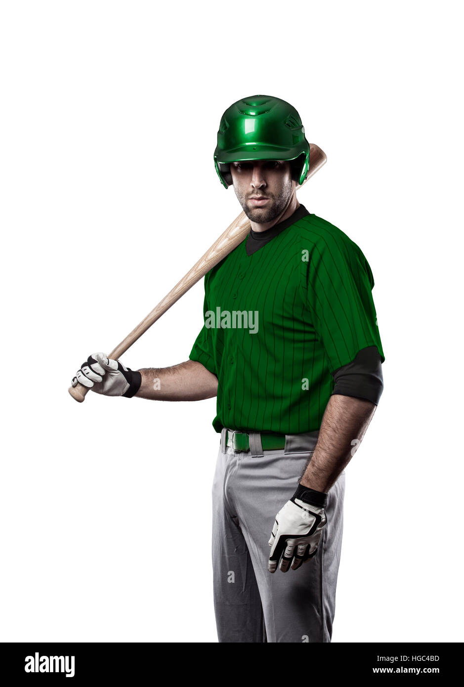Baseball Player with a Green uniform on a white background Stock Photo ...