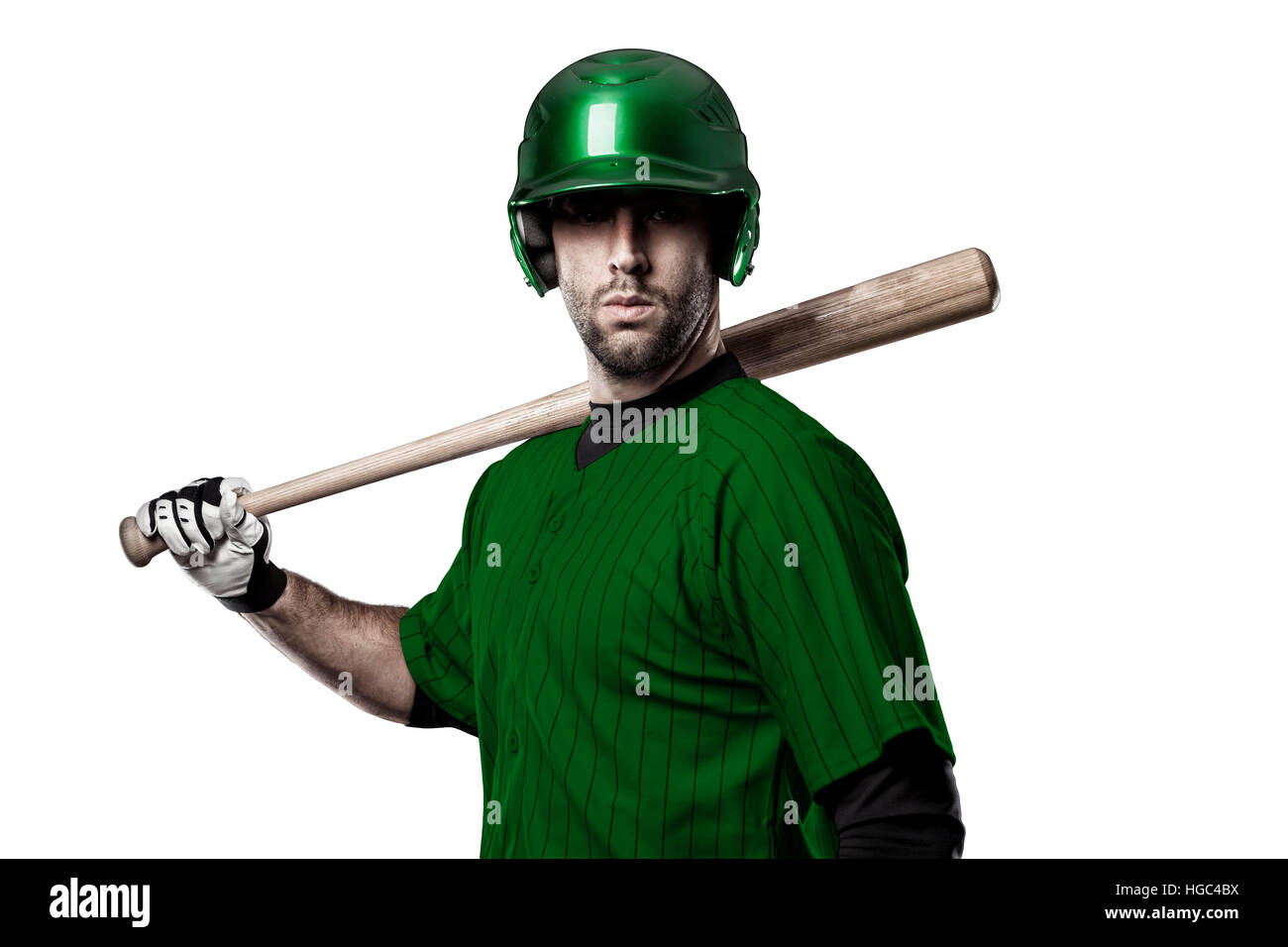 Baseball Player with a Green uniform on a white background Stock Photo ...