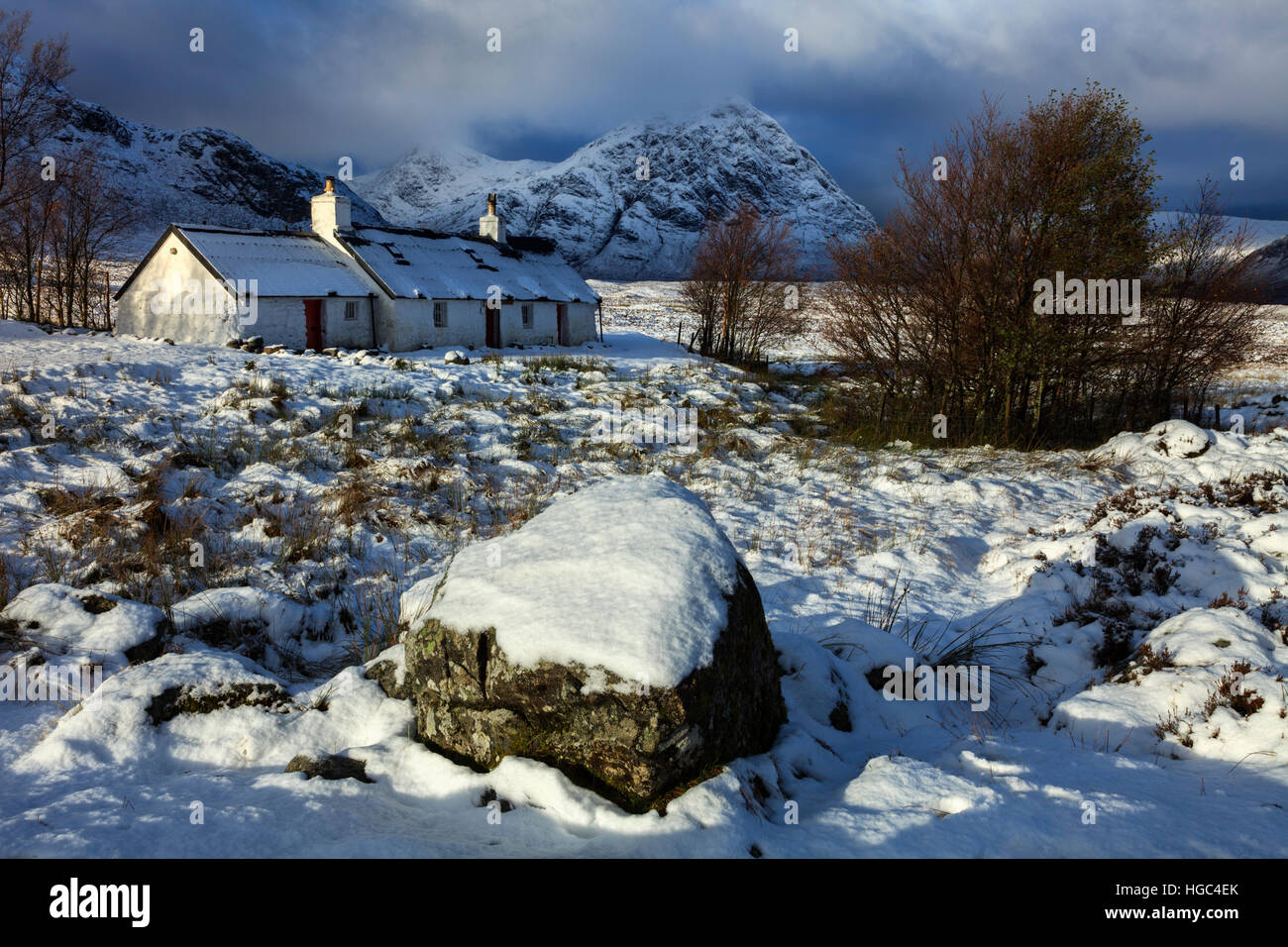 Snow at Black Rock Cottage on Rannoch Moor in the Scottish Highlands ...