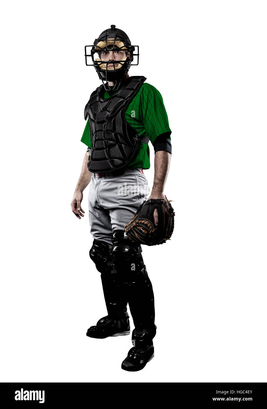 Catcher Player with a green uniform on a white background Stock Photo ...