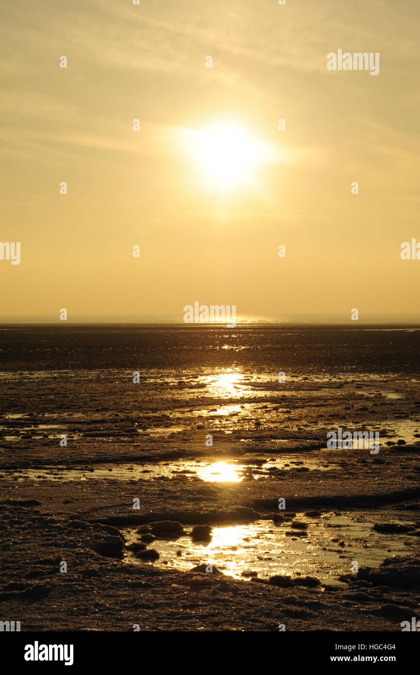 Portrait land-fast sea ice on low tide sand expanse to white sun ...