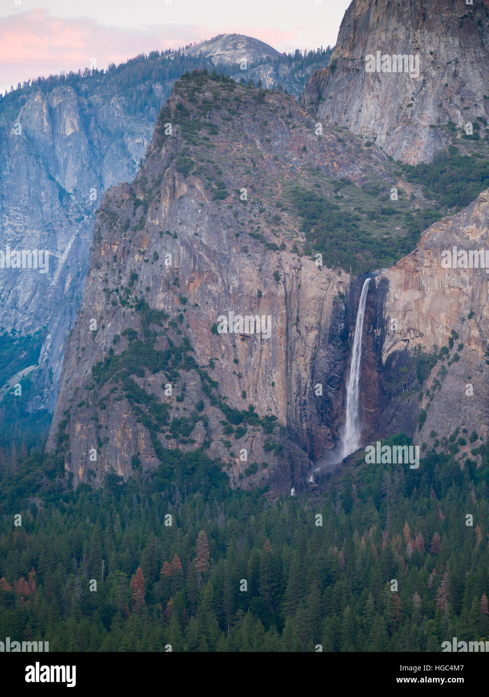 Bridalveil waterfall seen over Yosemite valley from tunnel view Stock ...