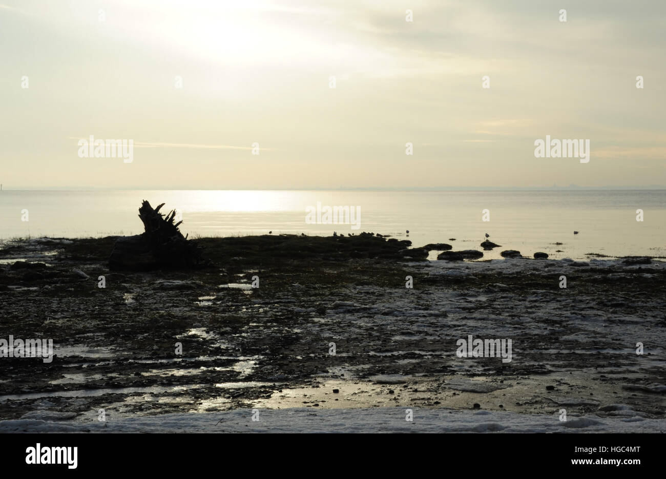 White sun hazy clouds view, across Ribble Estuary to Southport, sea ice ...