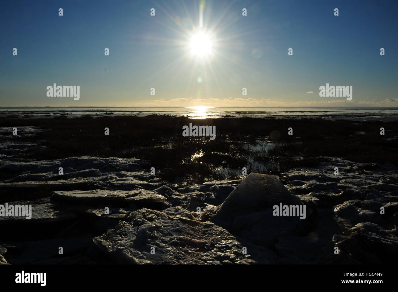 Uneven land-fast sea ice blocks on saltmarsh, to blue sky sun shining ...