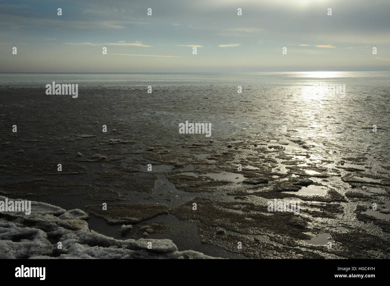 Blue hazy white clouds sunny day view, south across Ribble Estuary, ice ...