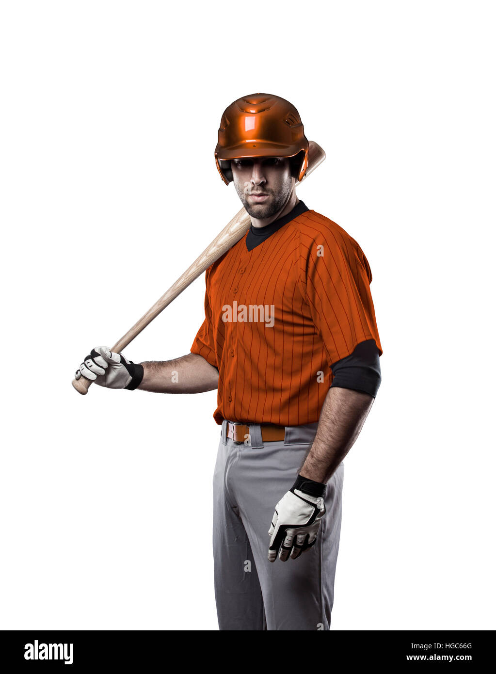 Baseball Player with a orange uniform on a white background Stock Photo ...