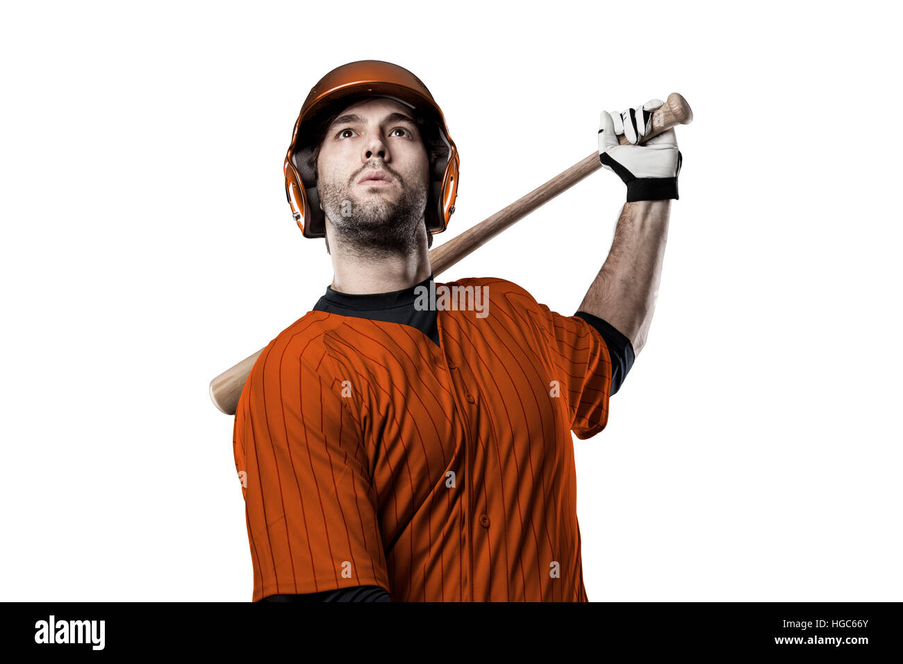 Baseball Player with a orange uniform on a white background Stock Photo ...