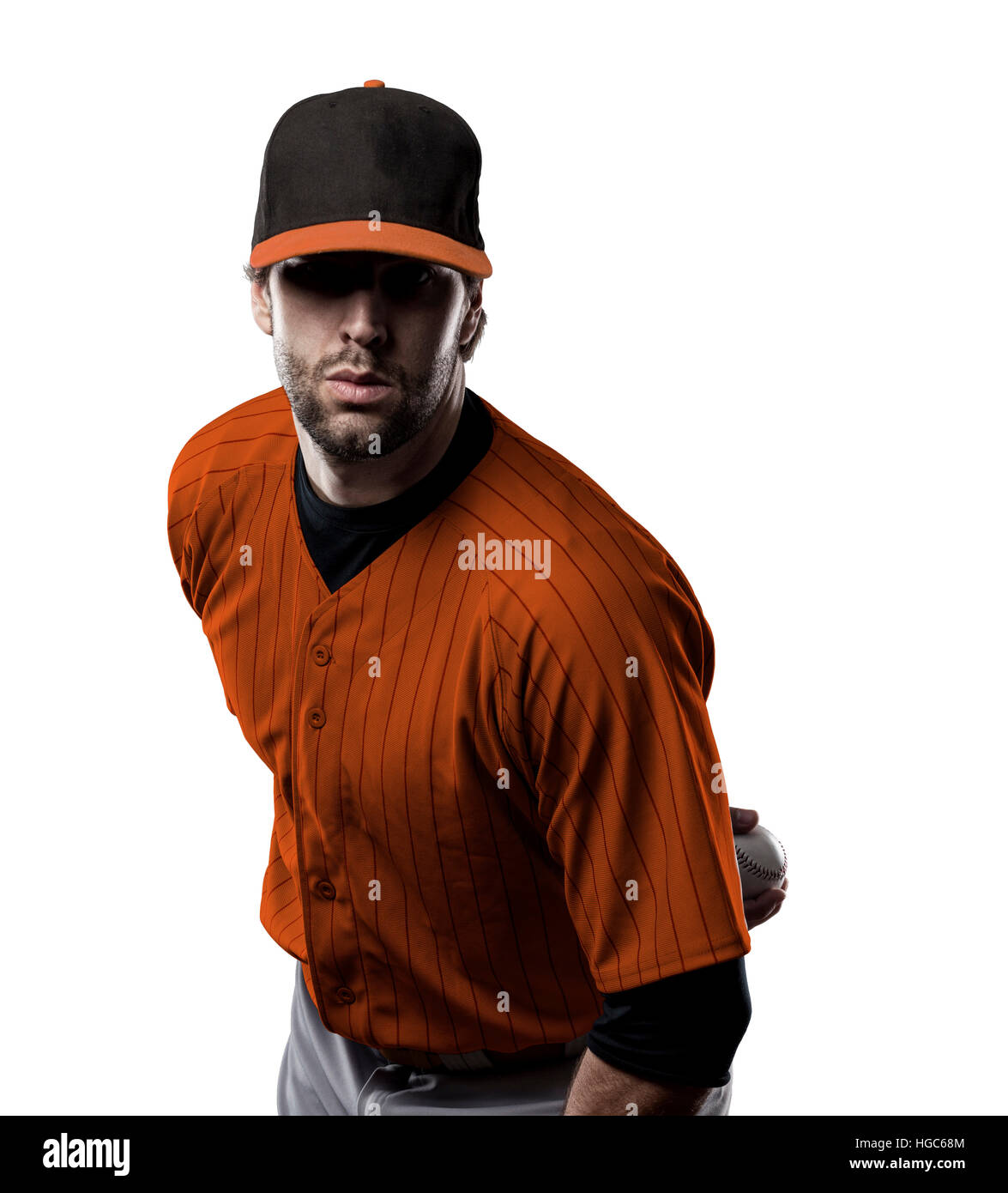 Pitcher Baseball Player with a orange uniform on a white background ...