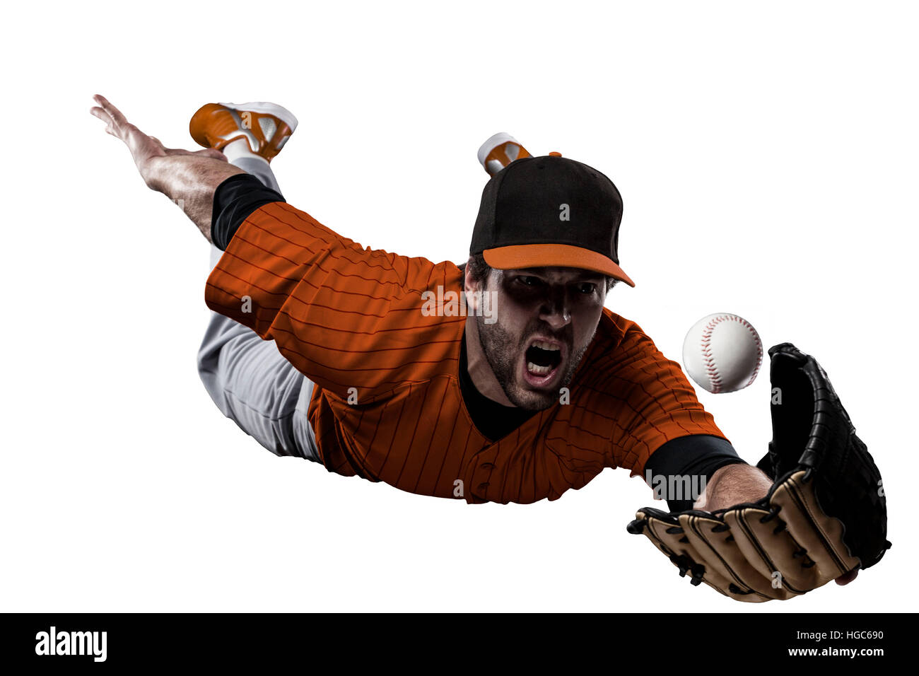 Baseball Player with a orange uniform on a white background Stock Photo ...