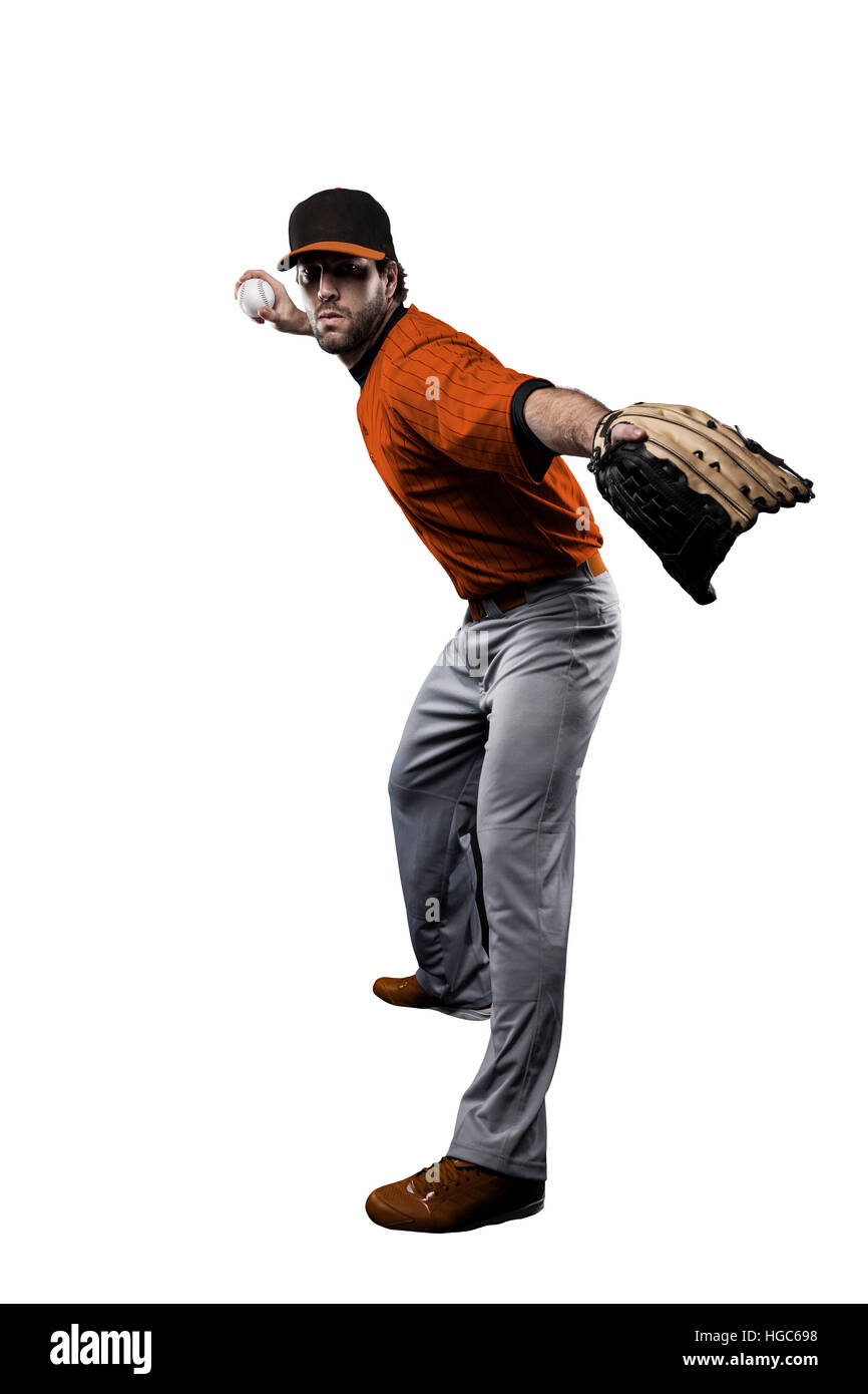Pitcher Baseball Player with a orange uniform on a white background ...