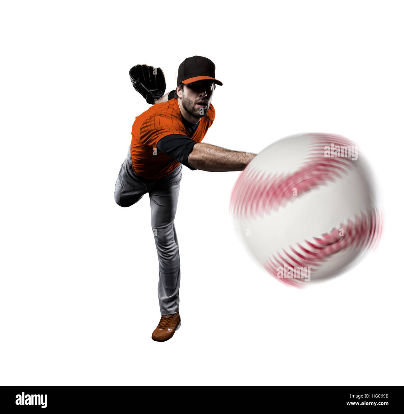 Pitcher Baseball Player with a orange uniform on a white background ...