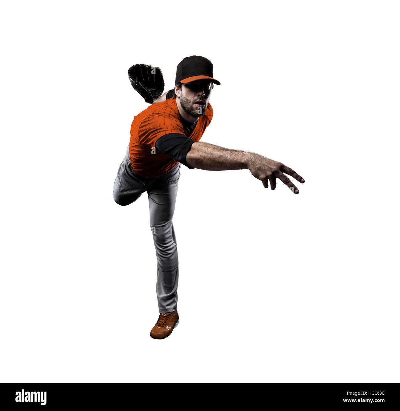 Pitcher Baseball Player with a orange uniform on a white background ...