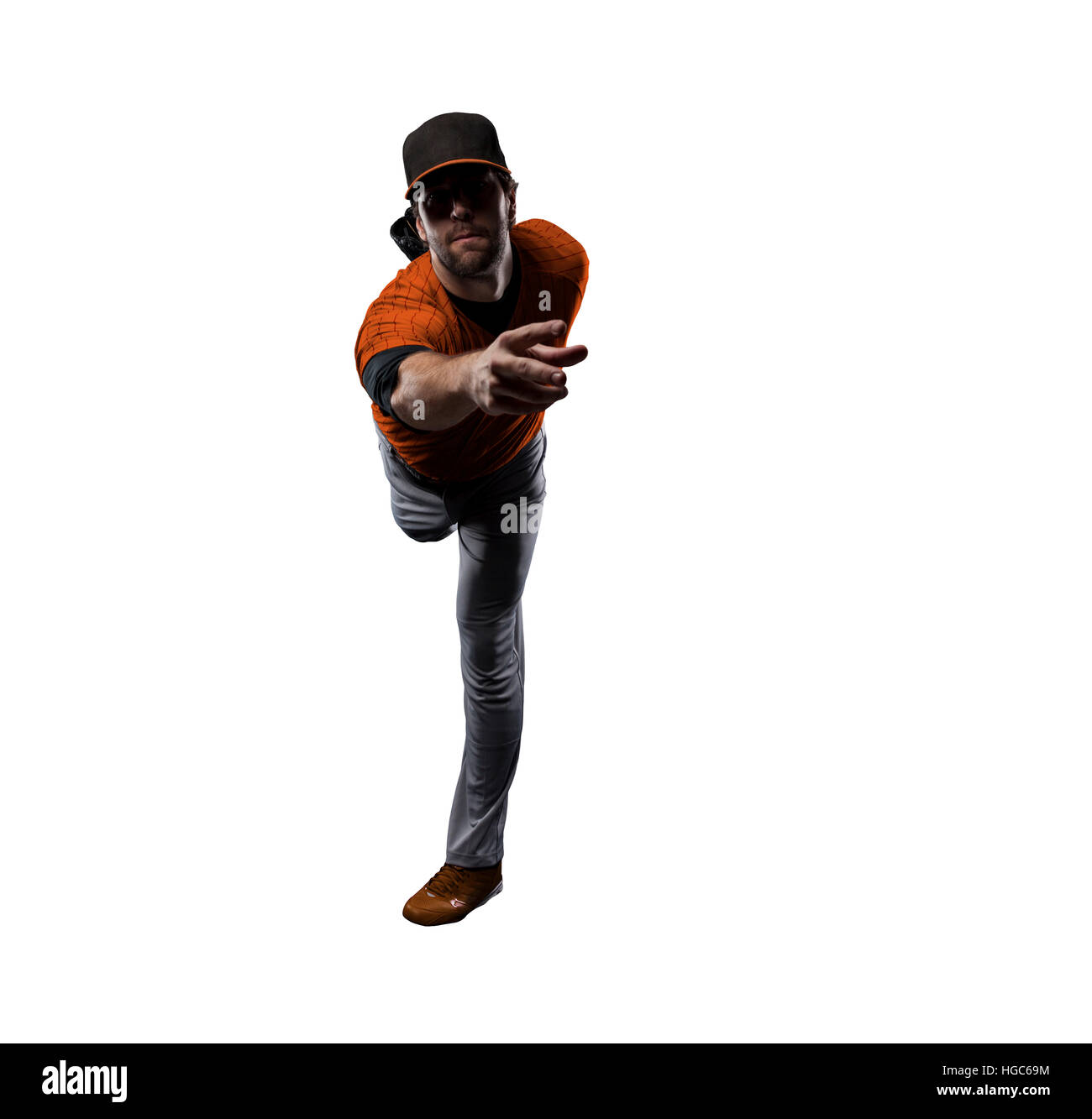 Pitcher Baseball Player with a orange uniform on a white background ...