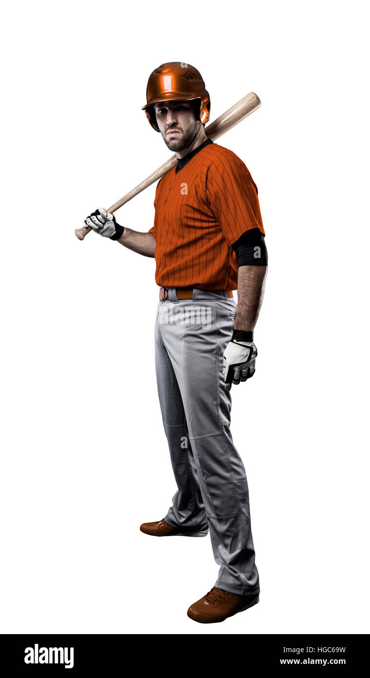 Baseball Player with a orange uniform on a white background Stock Photo ...