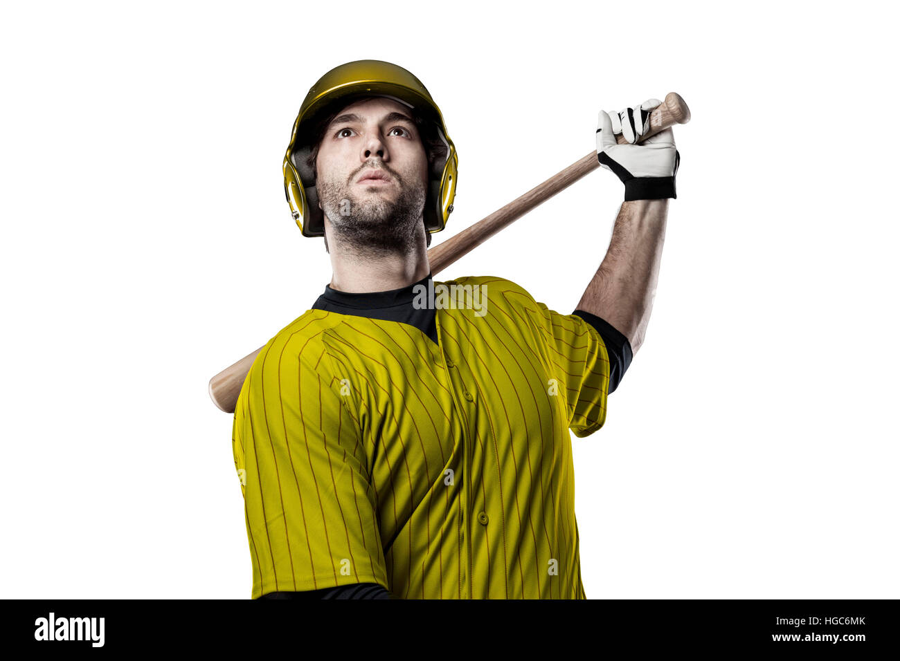 Baseball Player with a yellow uniform on a white background Stock Photo ...