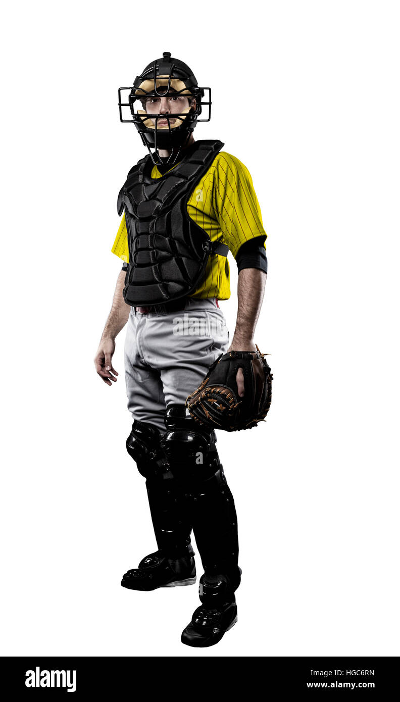 Catcher Baseball Player with a yellow uniform on a white background ...