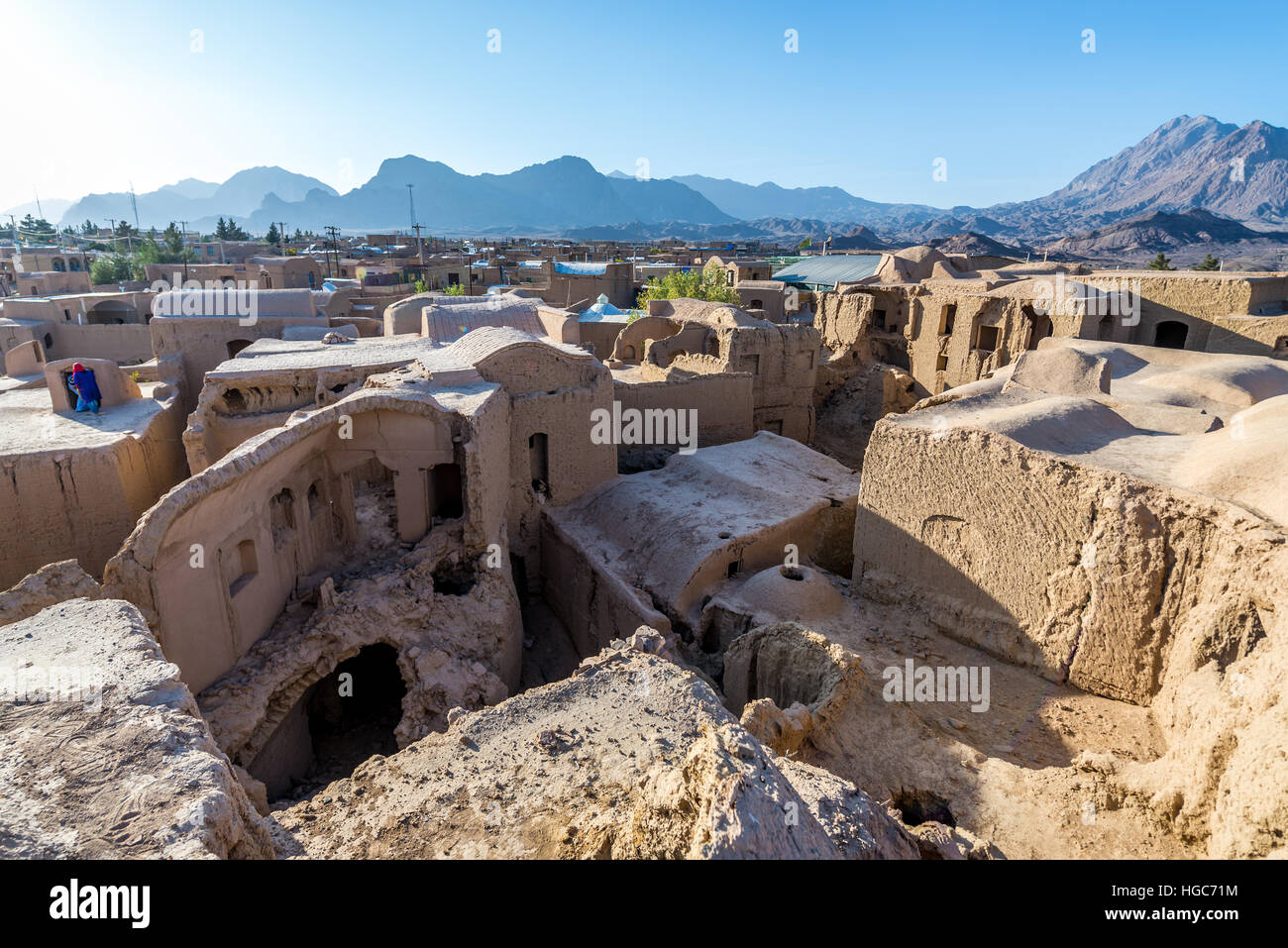 Roof of mud bricked buildings in ancient, abandoned part of Kharanaq ...