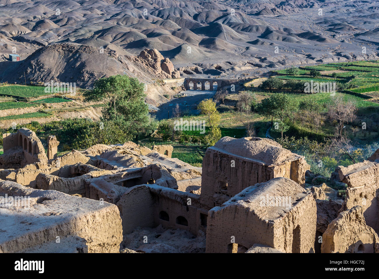 aqueduct seen from old, abandoned part of Kharanaq village in Ardakan ...
