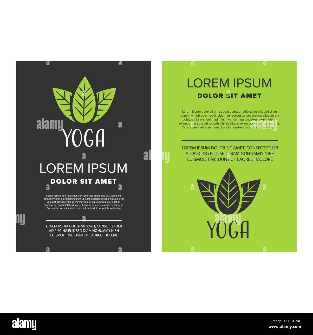 Yoga leaflet with leaves logo inside on black and green backgrounds ...