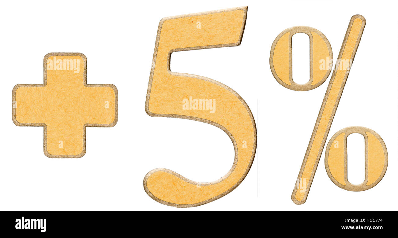 Percent benefits, plus 5 five percent, numerals isolated on white ...