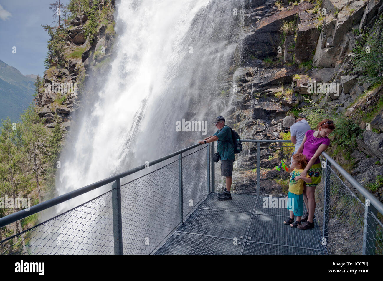 Viewing platform behind the raging water at the top of the Stuibenfall ...