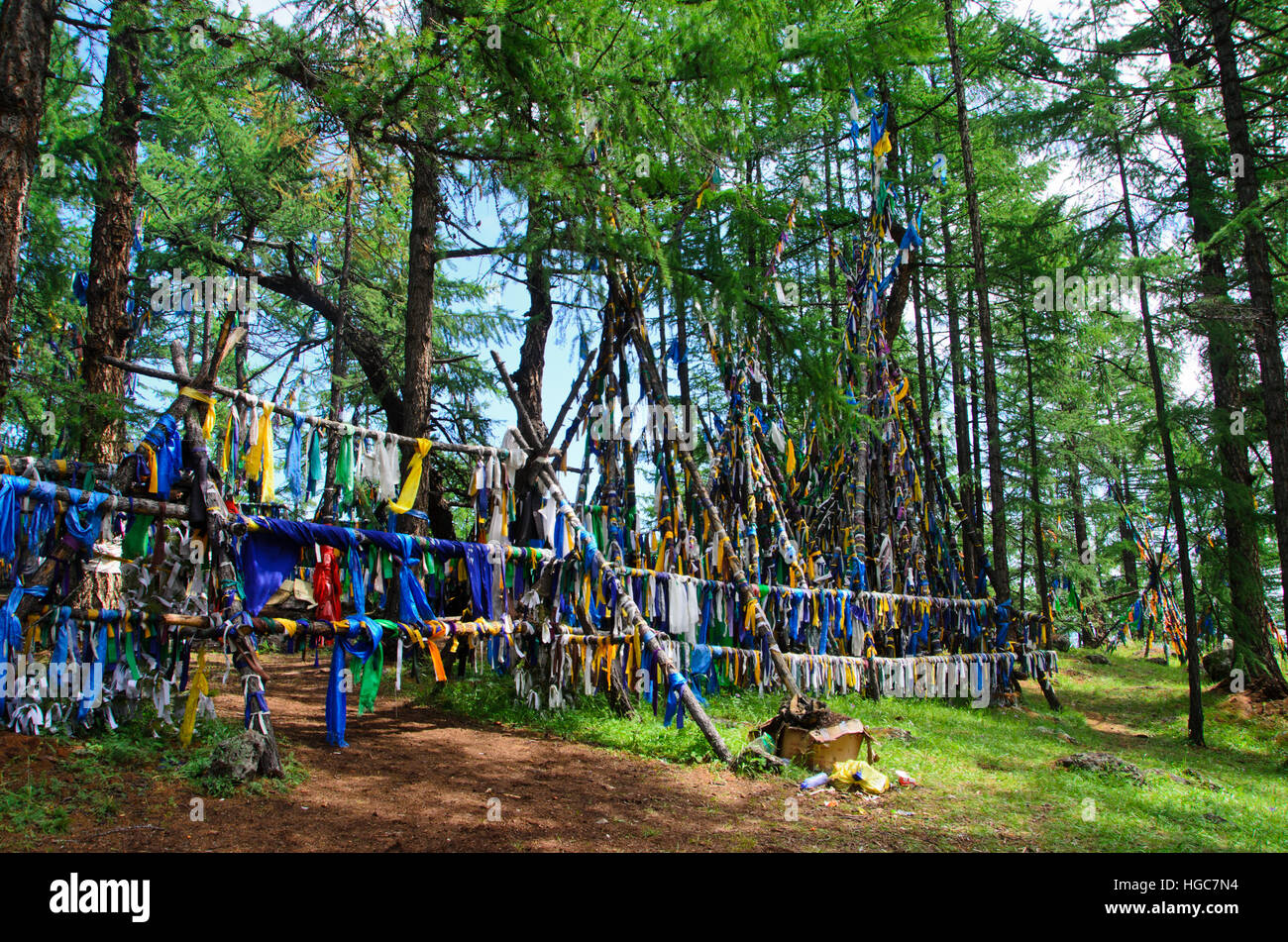 Mongolian sacred place in Taiga forest near Khovsgol Lake Stock Photo ...