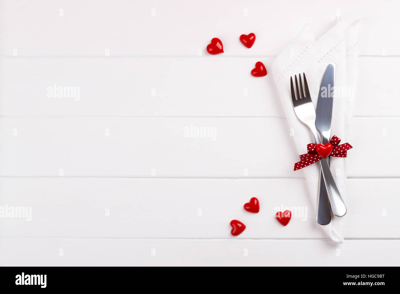 Romantic table setting on white wooden table.Valentine's day card ...