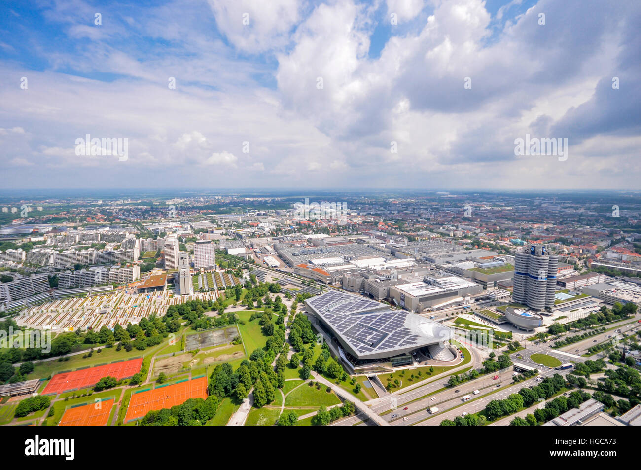 Aerial view of the city from the The Olympic Tower in Munich, Germany ...