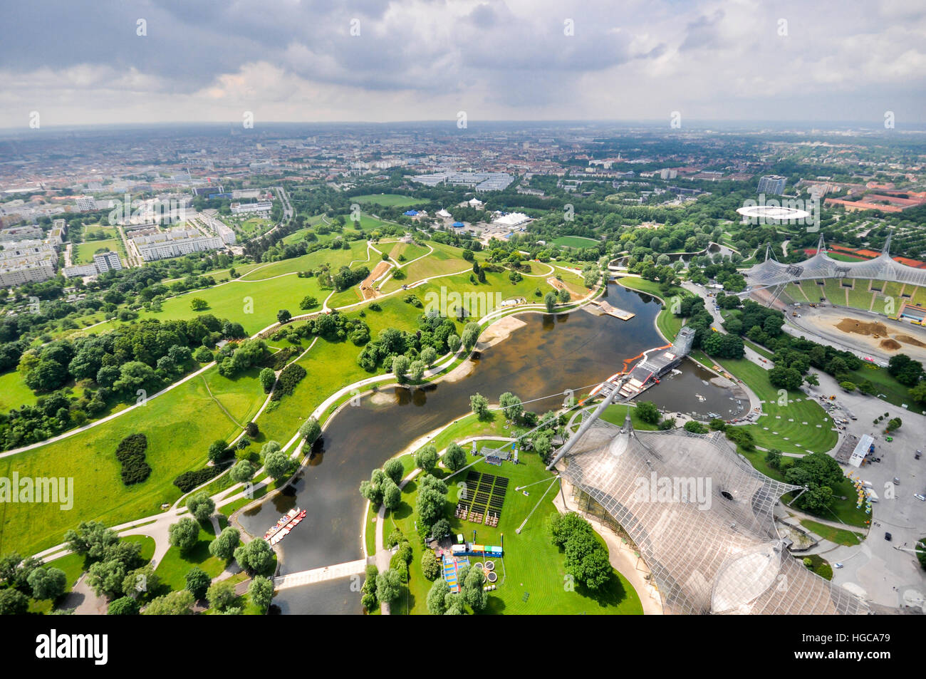 Aerial view of the city from the The Olympic Tower in Munich, Germany ...